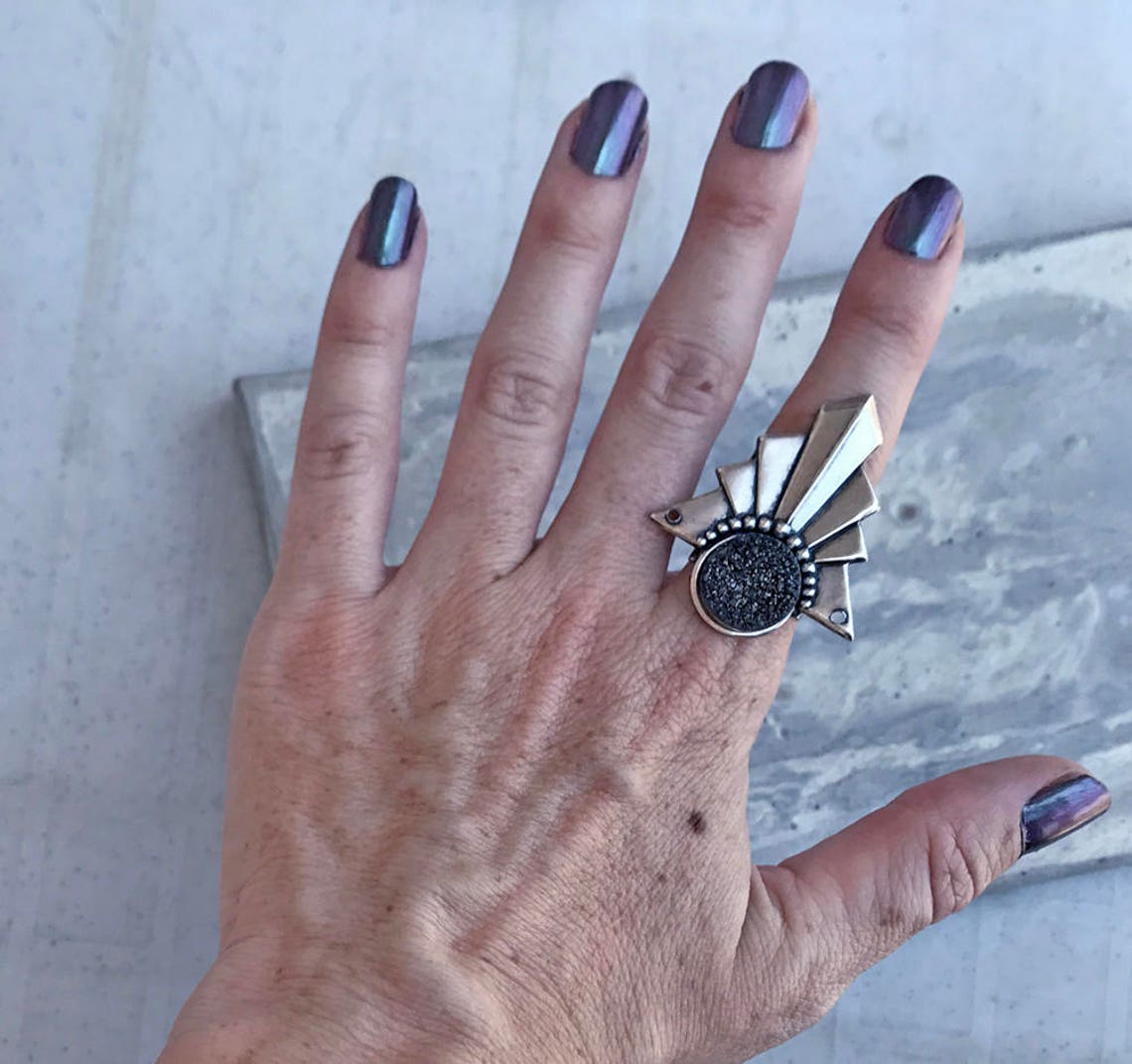 Art Deco Fan Agate Druzy Ring Unique Jewelry Fan Ring Silver - Etsy