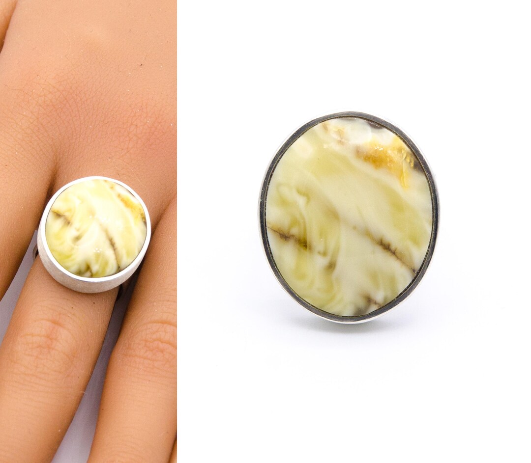 Amber Ring, Genuine Amberstone, Yellow Milky, Ovale Shape, Sterling ...