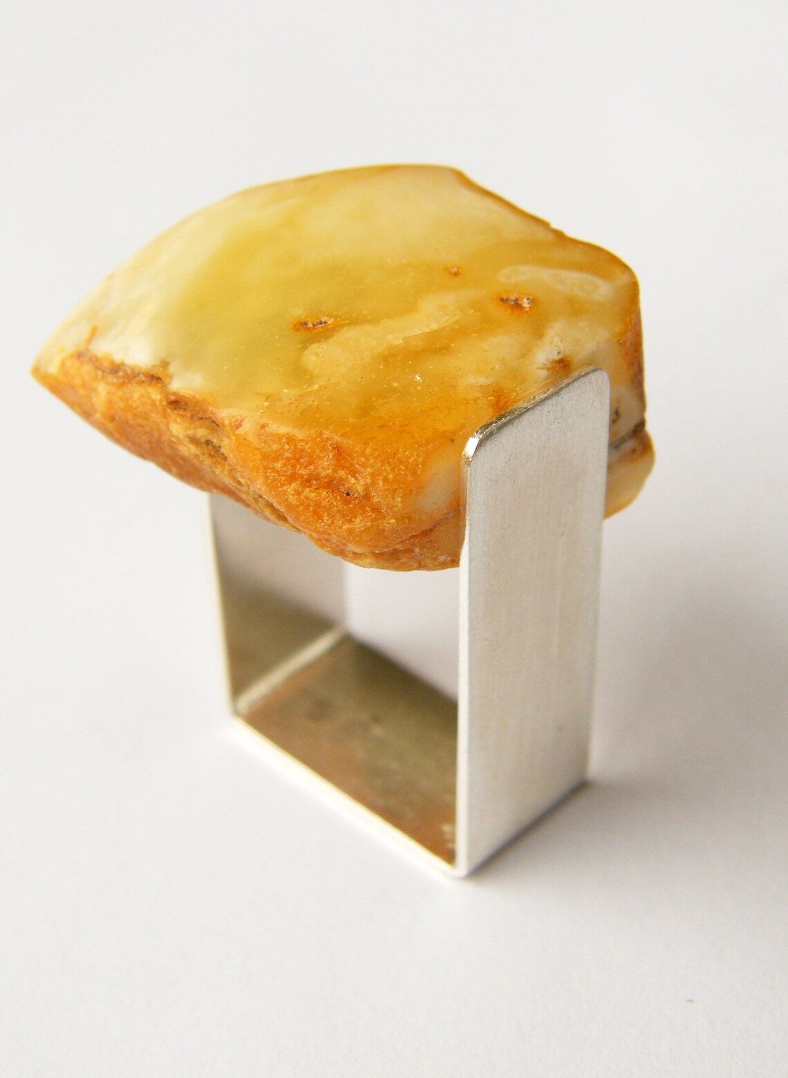 Bernstein Ring, echter Bernstein, Gelb Orange, moderne Form, matte ...