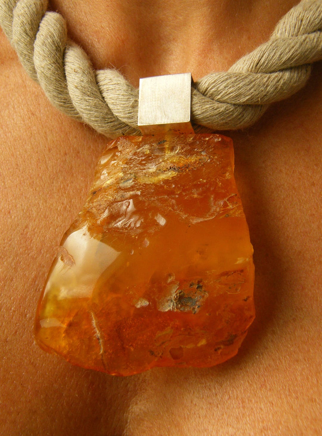 Amber Pendant, ORANGE Genuine Amberstone, Matte Sterling Silver 925 ...