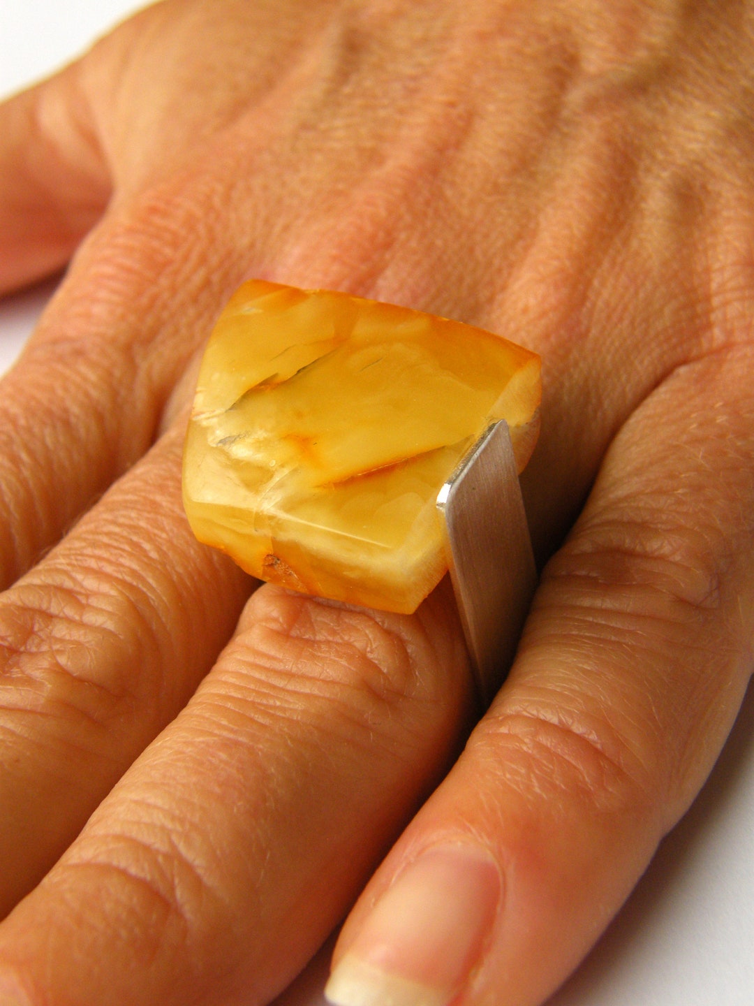 Amber Ring Genuine Amber, Yellow, Gold, Matte Sterling Silver Rail ...