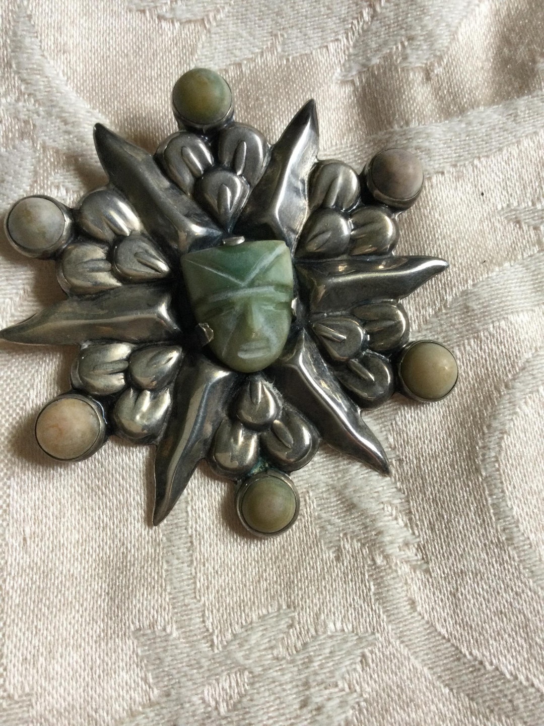 Silver and Jade Mexican Aztec Brooch - Etsy