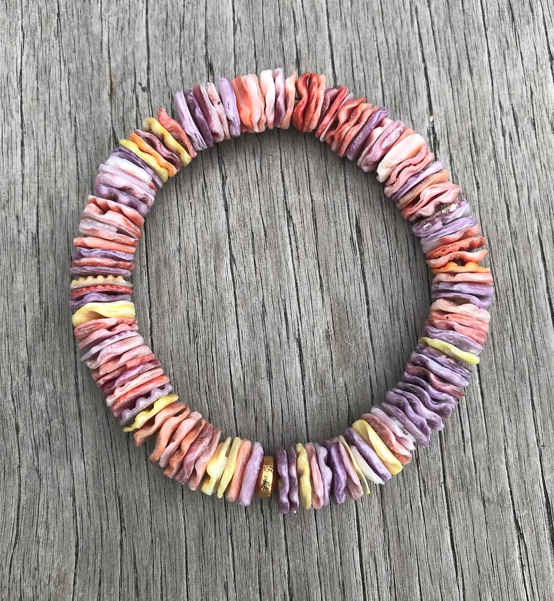 Colorful Puka Shell Bracelet With Brushed Gold Focal, Seashell Bracelet ...