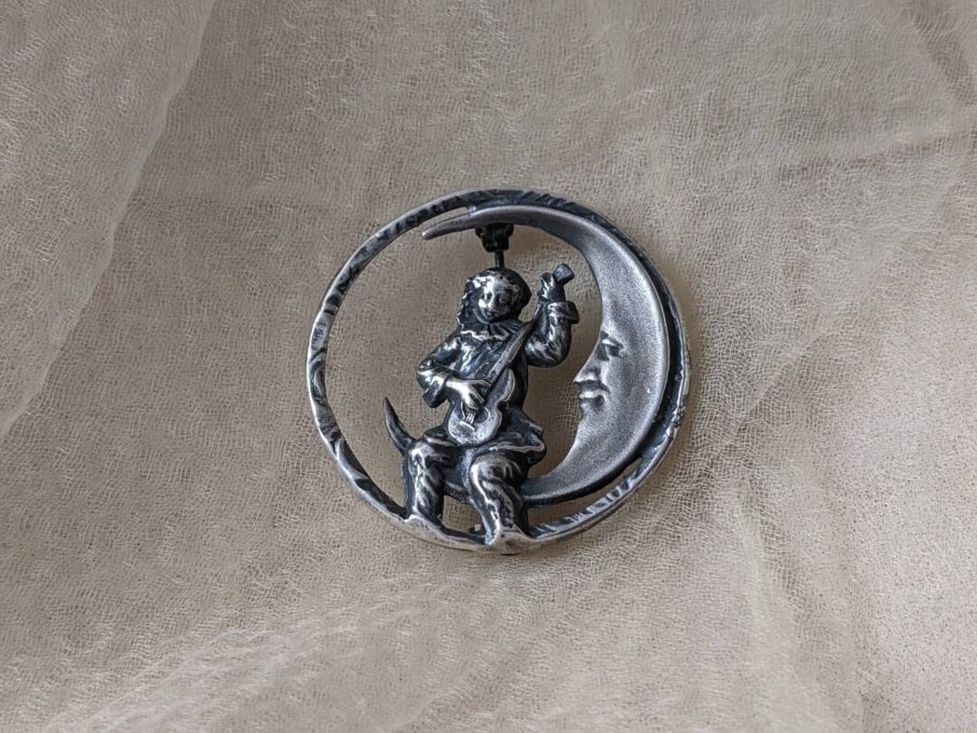Vintage Sterling Silver Pierrot Clown Guitar Crescent Moon Pin Brooch ...