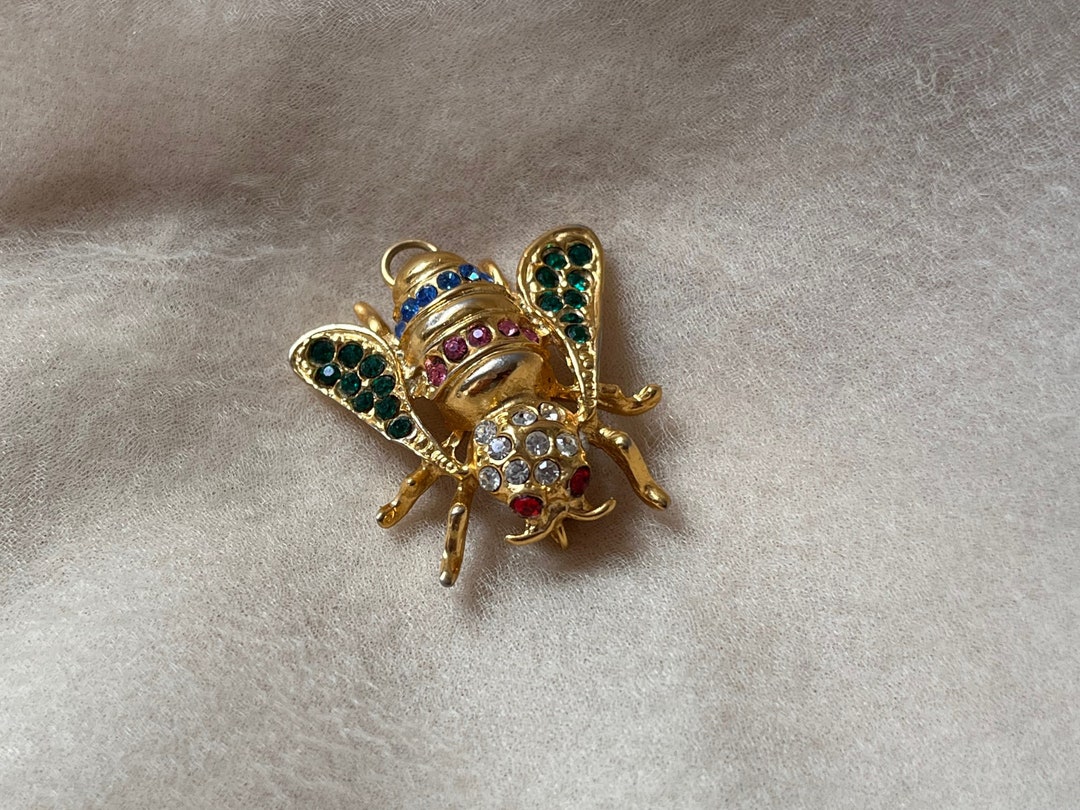 Vintage Bee Cicada Fly Wing Insect Brooch Pin Rhinestone Pendant Gold ...