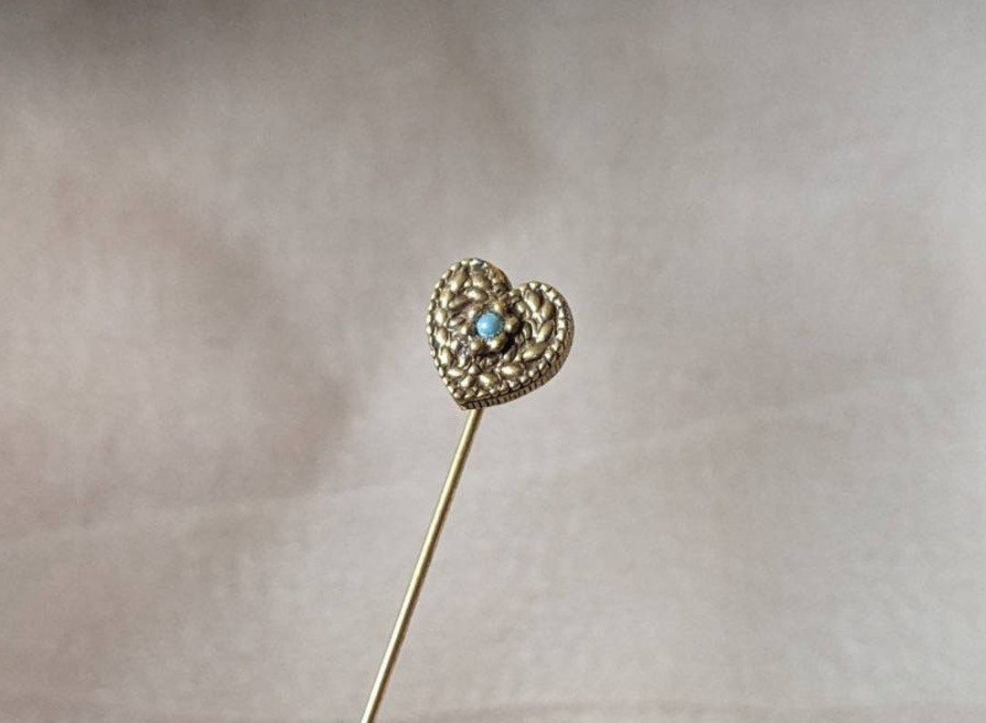 Vintage Brass Heart Faux Turquoise Stick Pin Brooch Valentine Ornate ...