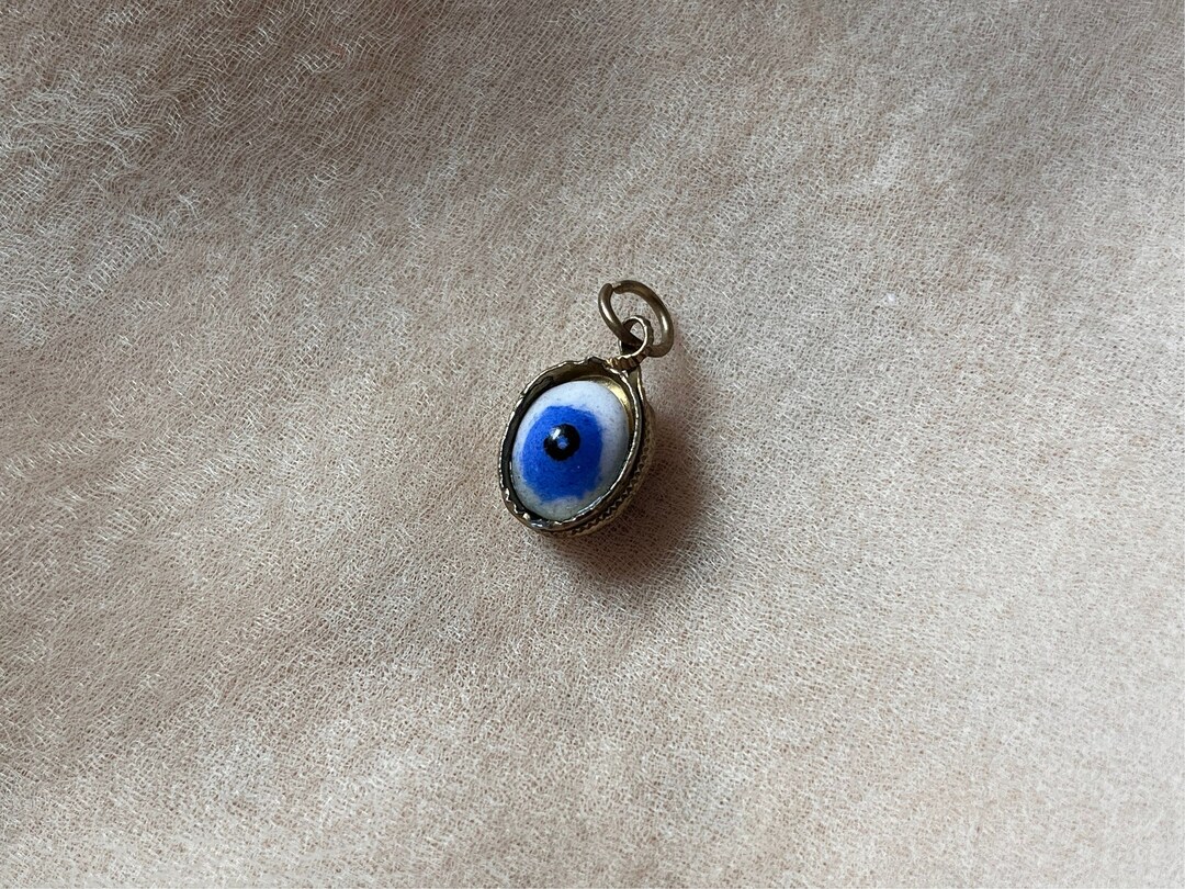 Antique Nazar Mati Glazed Porcelain Blue White Evil Eye Pendant Boho ...