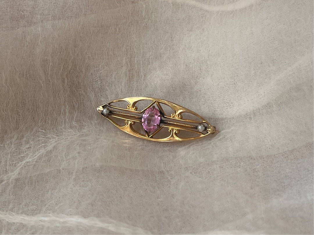 Antique JHP John H Peckham Gold Pink Stone Seed Pearl Pin Brooch Ornate ...