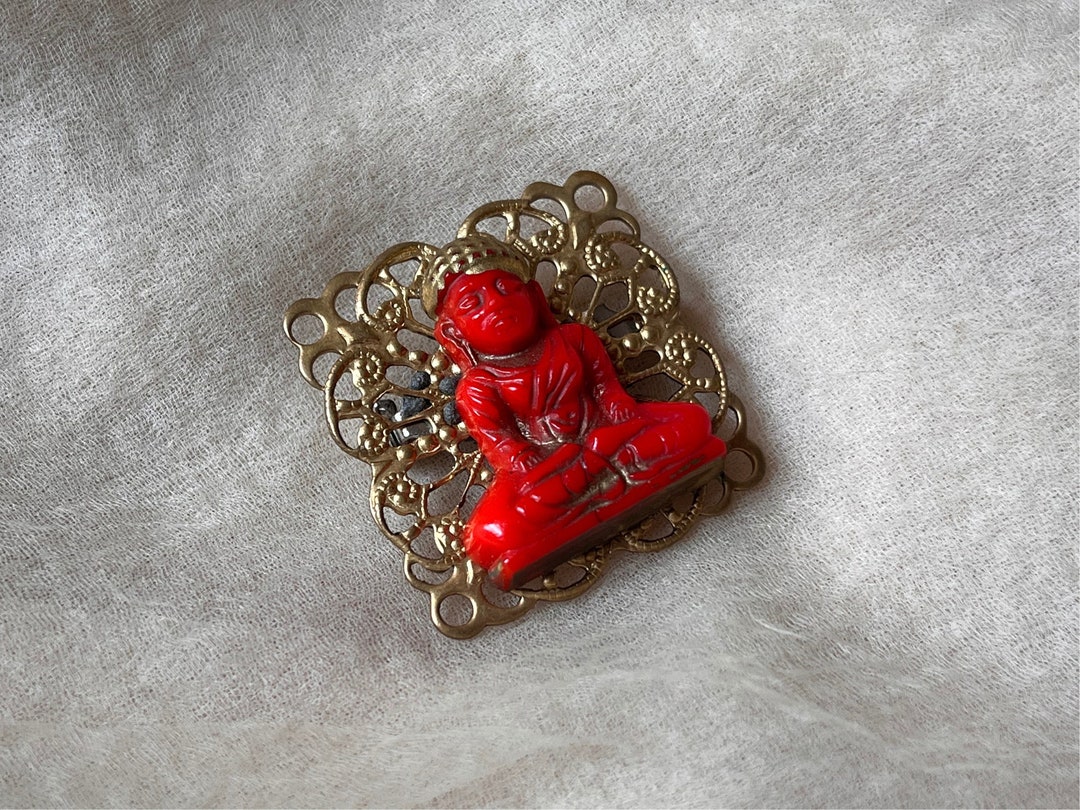 Vintage Mid-century Red Glass Meditating Buddha Figural Stamped Brass ...