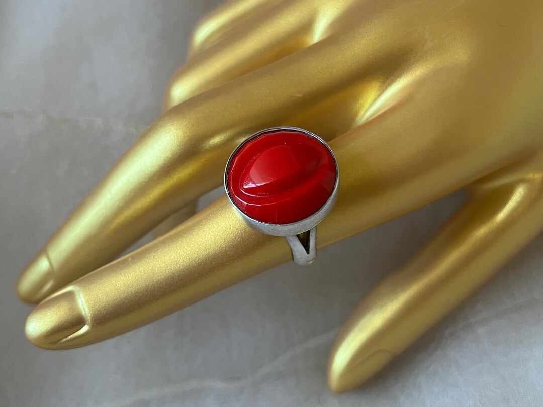 Vintage Art Deco Red Sterling Silver Unique Button Ring Costume ...