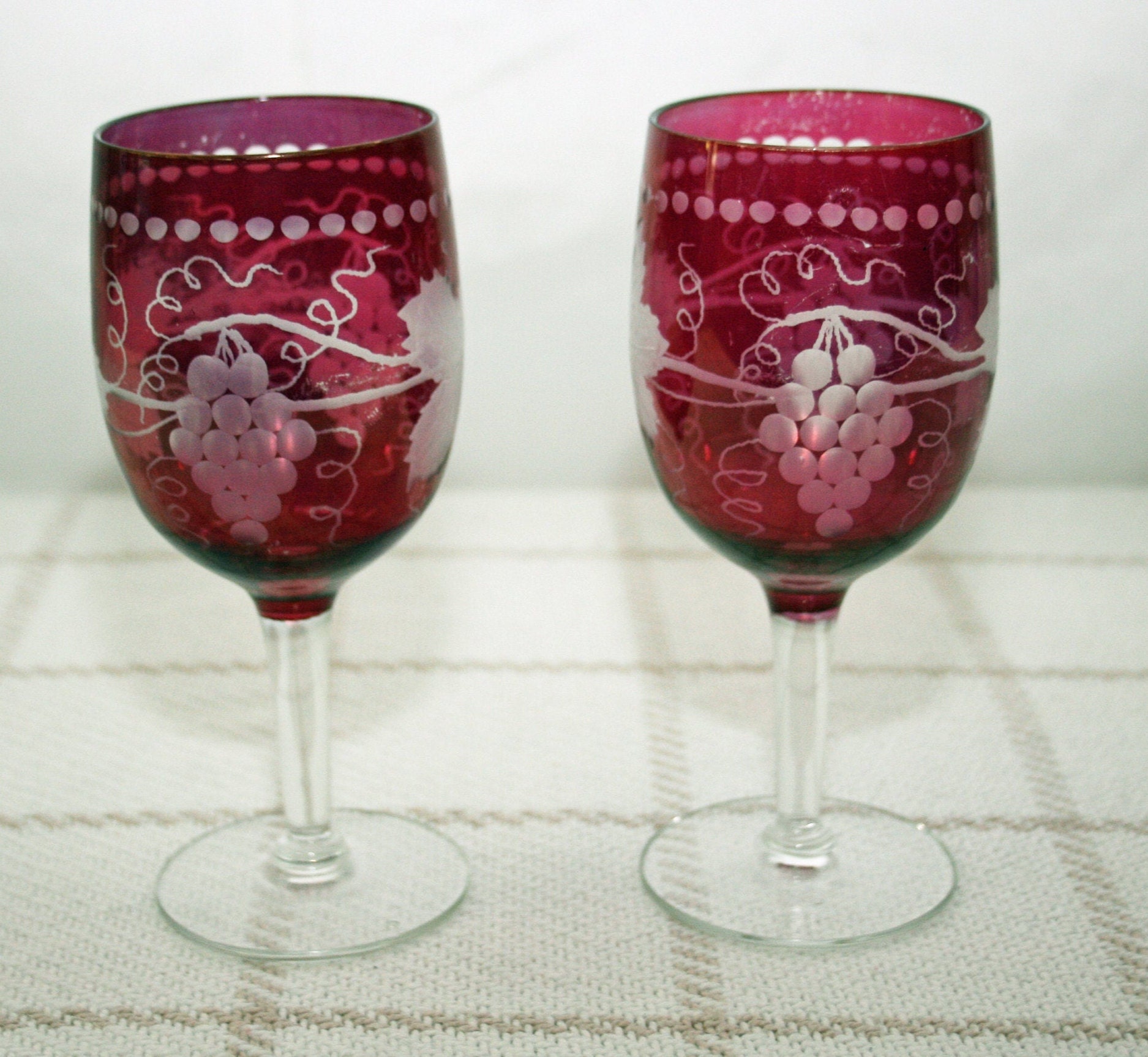 Set of 10 ruby red wine glasses with grape vine etchings. Gorgeous ...