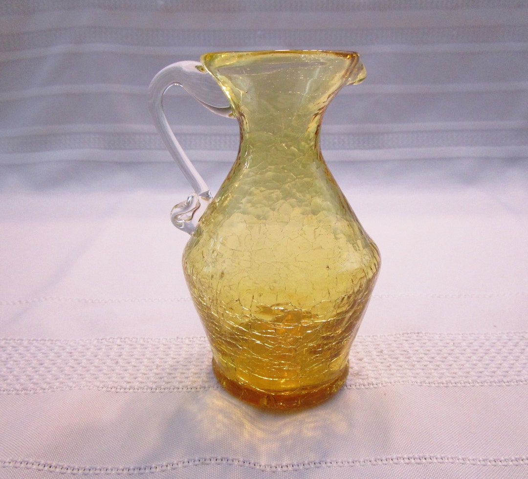 Vintage Amber Crackle Glass Miniature Pitcher Creamer Handcrafted Bud Vase Knick Knack Art Glass