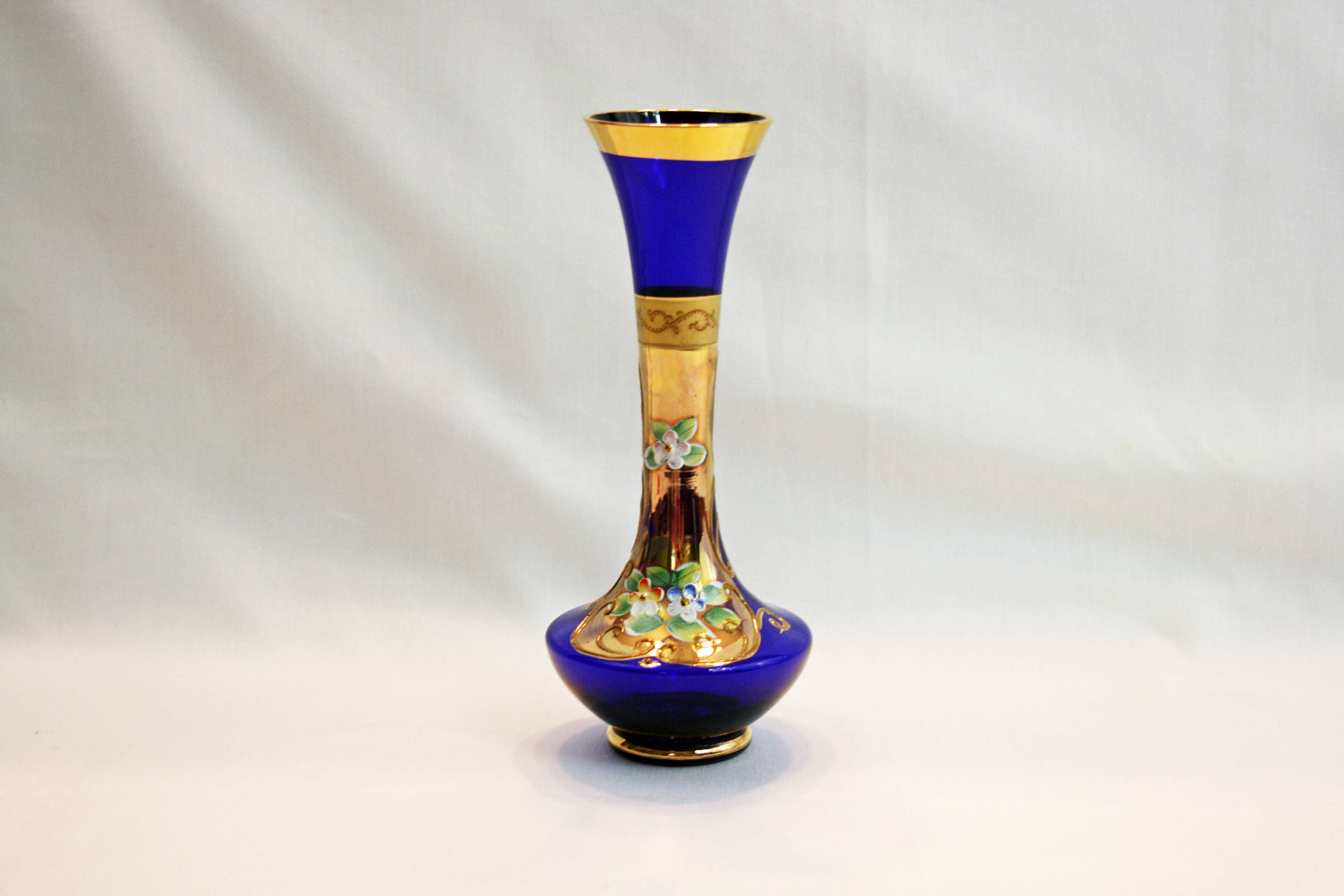 Vintage Lefton Cobalt Blue Bud Vase Gold Gilding Enamel Flowers Hand
