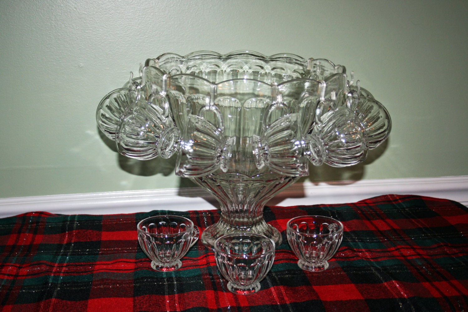Vintage Pressed Glass Fluted Punch Bowl, Pedestal Stand and 12 cups Vintage Pressed Glass Fluted Punch Bowl, Pedestal Stand and 12 cups
