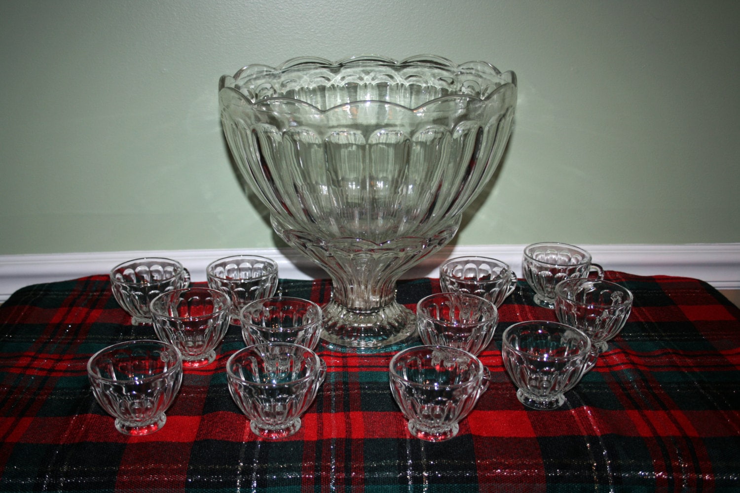 Vintage Pressed Glass Fluted Punch Bowl, Pedestal Stand and 12 cups Vintage Pressed Glass Fluted Punch Bowl, Pedestal Stand and 12 cups