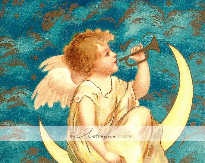 Digital Download Printable Art Angel Horn Moon Gold Christmas Musical ...