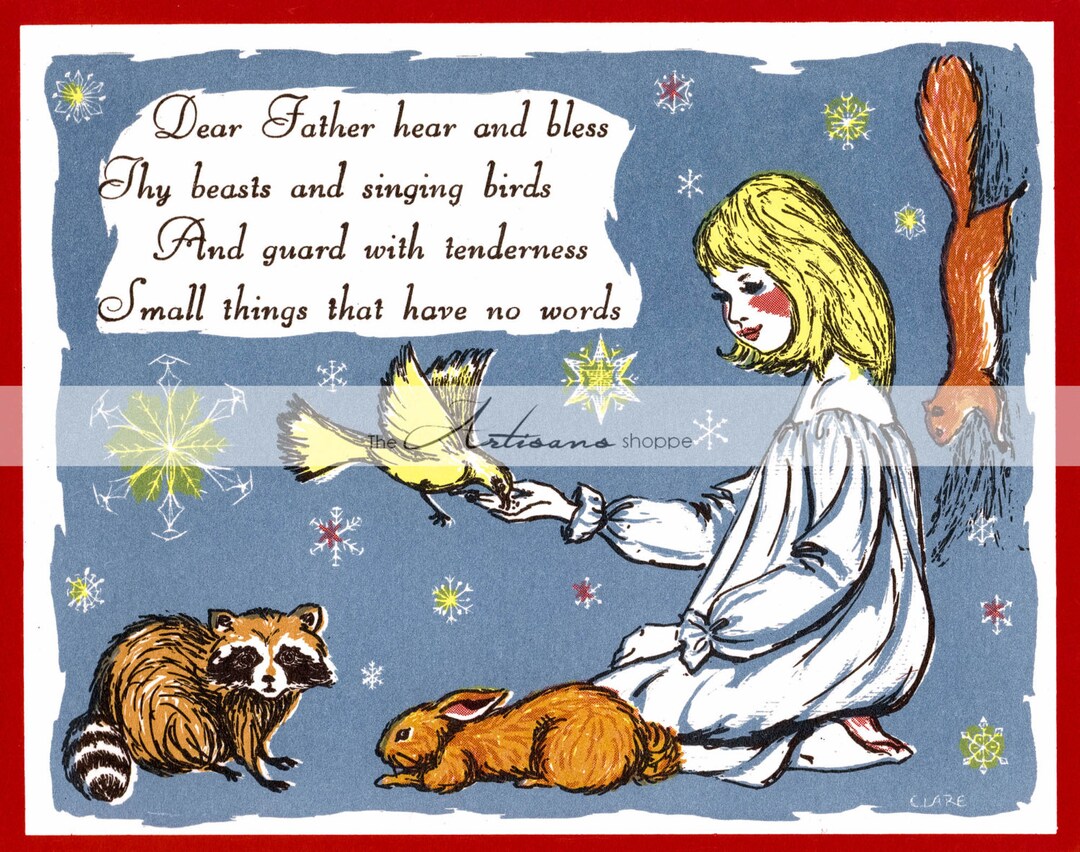 Woodland Animals Prayer Animal Love Girl & Bird Rabbit Racoon Squirrel ...