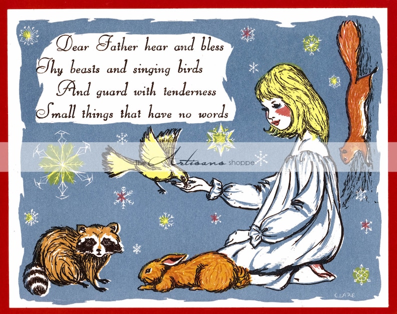 Woodland Animals Prayer Animal Love Girl & Bird Rabbit Racoon - Etsy