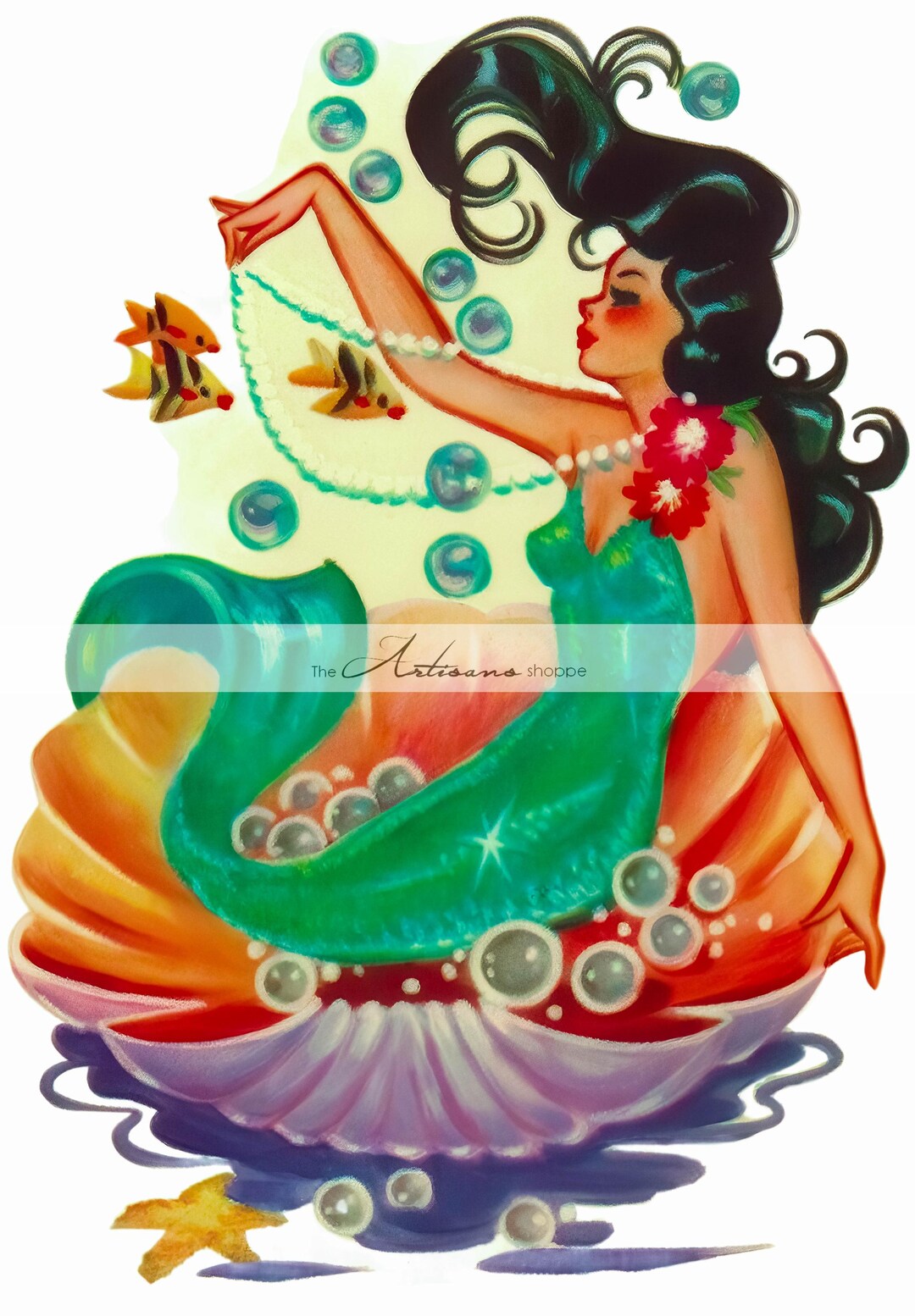Mermaid Shell Pearls Fish Vintage Art Image - Digital Download ...