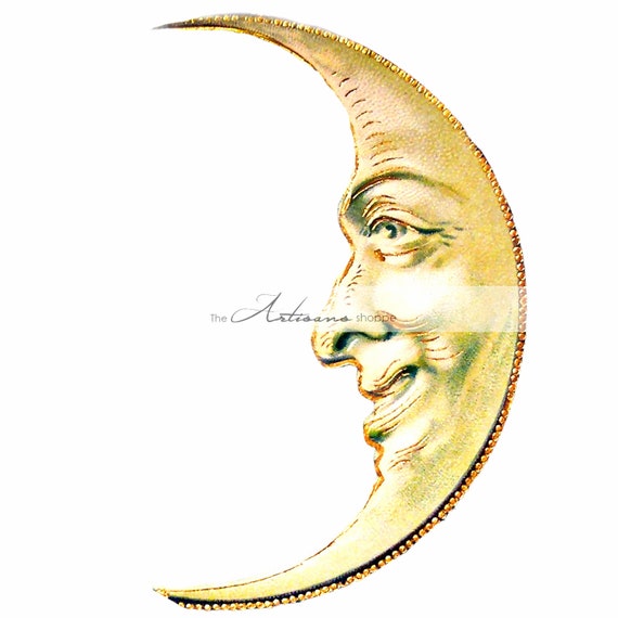 Vintage Crescent Moon Face Drawing