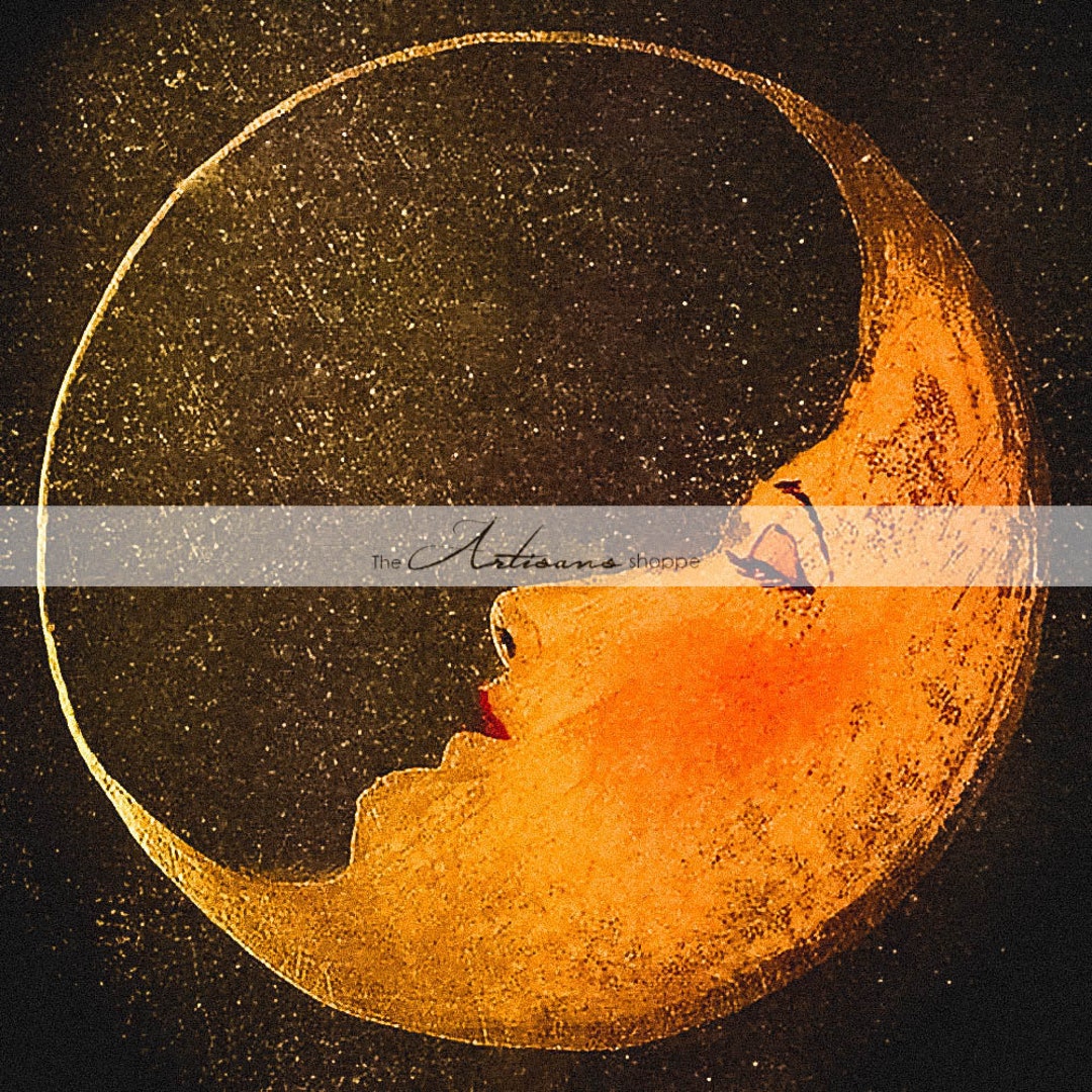 Digital Download Printable Art Antique Moon Face in Quarter Moon Paper ...