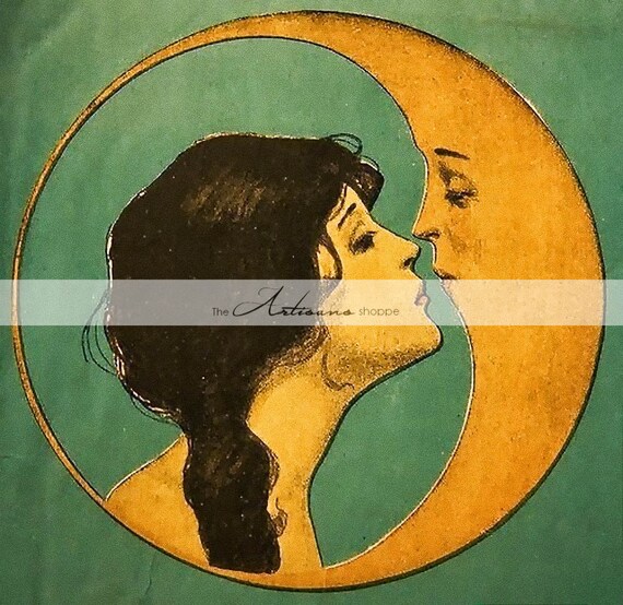 Kiss the Moon Vintage Girl Kissing Moon Image Digital - Etsy