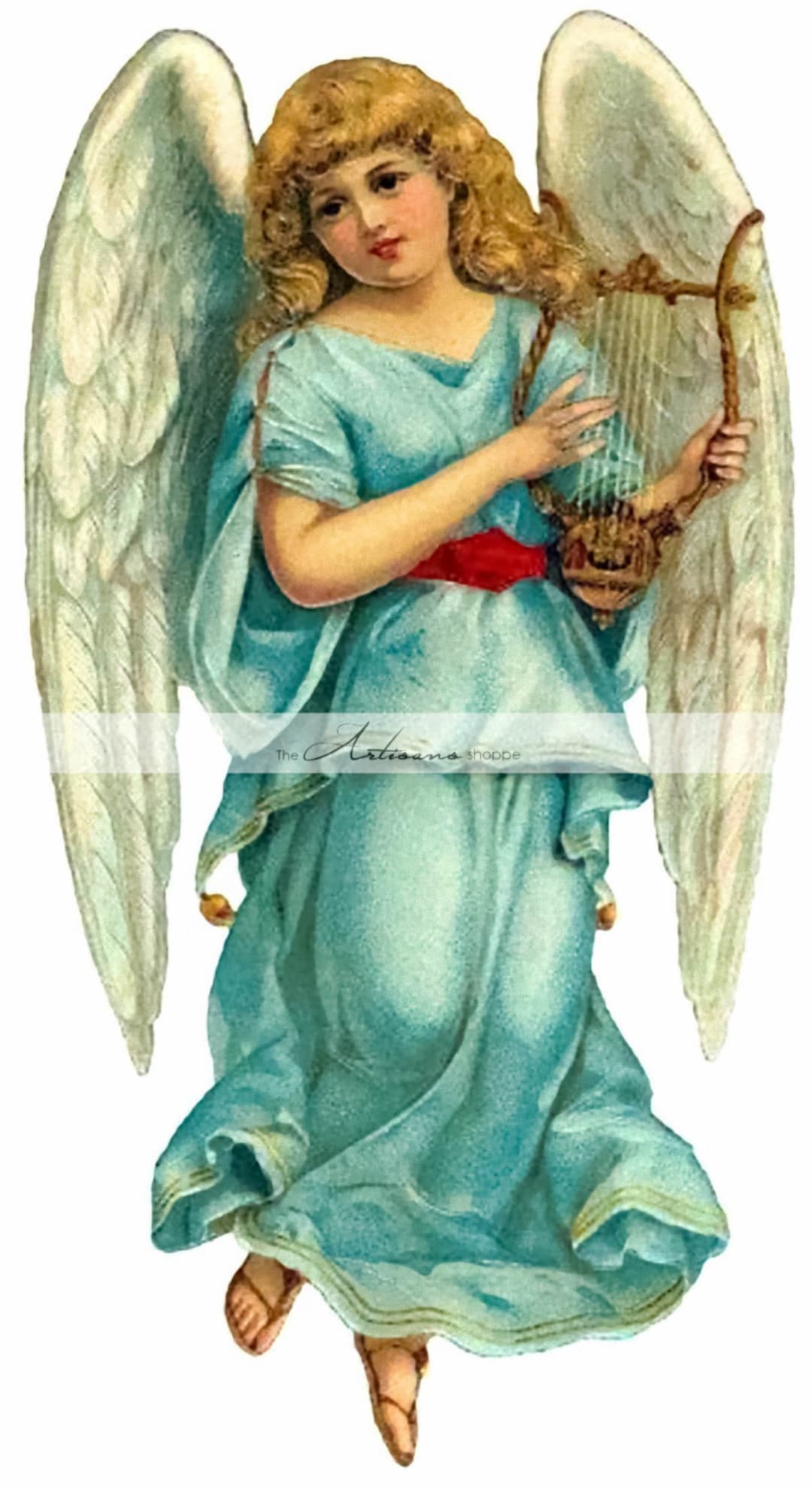 Blue Angel Victorian Christmas Shabby Chic Harp Antique Vintage Art ...