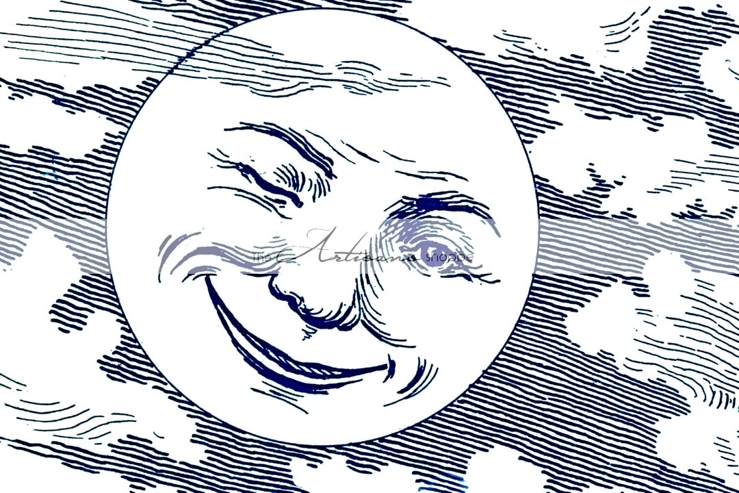 Digital Download Printable Art Antique Moon Face Storm Clouds Night Sky ...