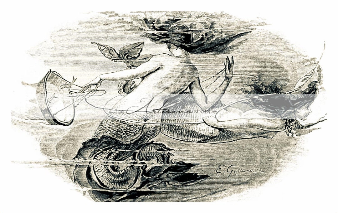 Printable Instant Download Mermaid Catch Antique Vintage Art Etching ...