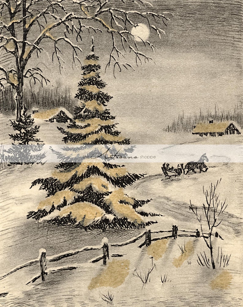 Antique Vintage Winter Landscape Snow Christmas Card Art - Etsy