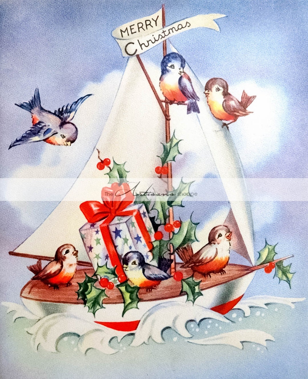 Vintage Sailing Birds Christmas Card Image Instant Art Printable ...