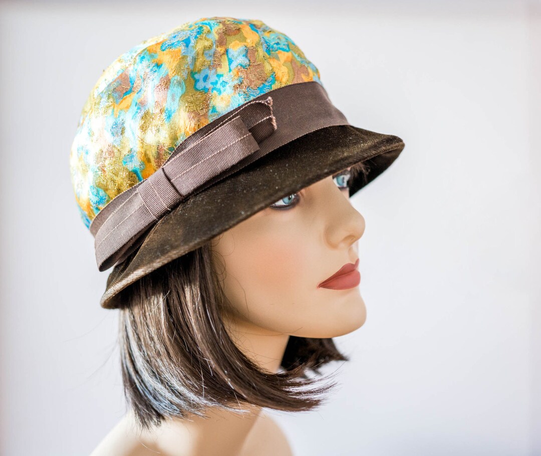 Vintage Cloche Brocade Hat Gold Turquoise Yellow Avocado and Brown ...