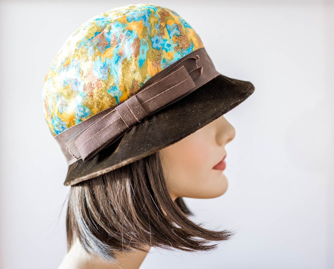 Vintage Cloche Brocade Hat Gold Turquoise Yellow Avocado and Brown ...