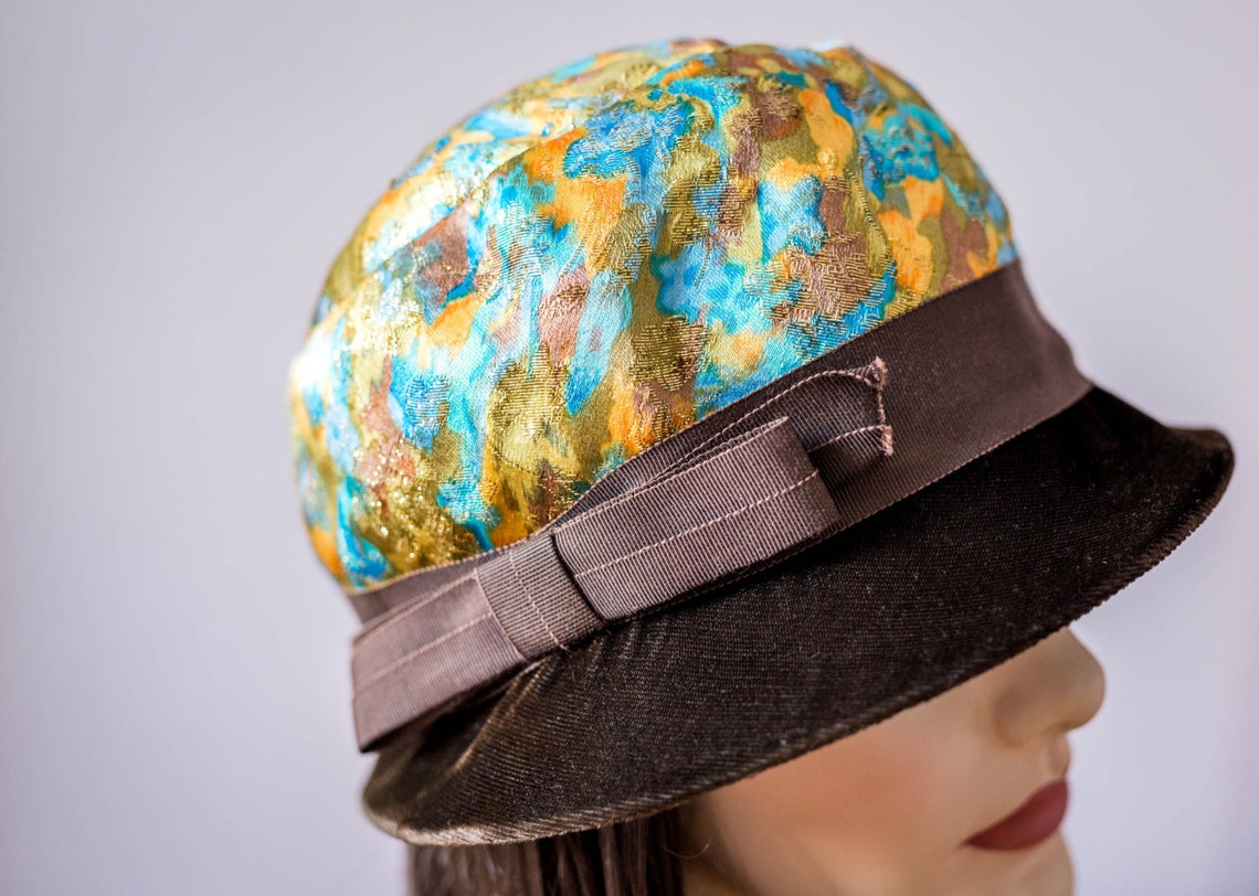 Vintage Cloche Brocade Hat Gold Turquoise Yellow Avocado and Brown ...