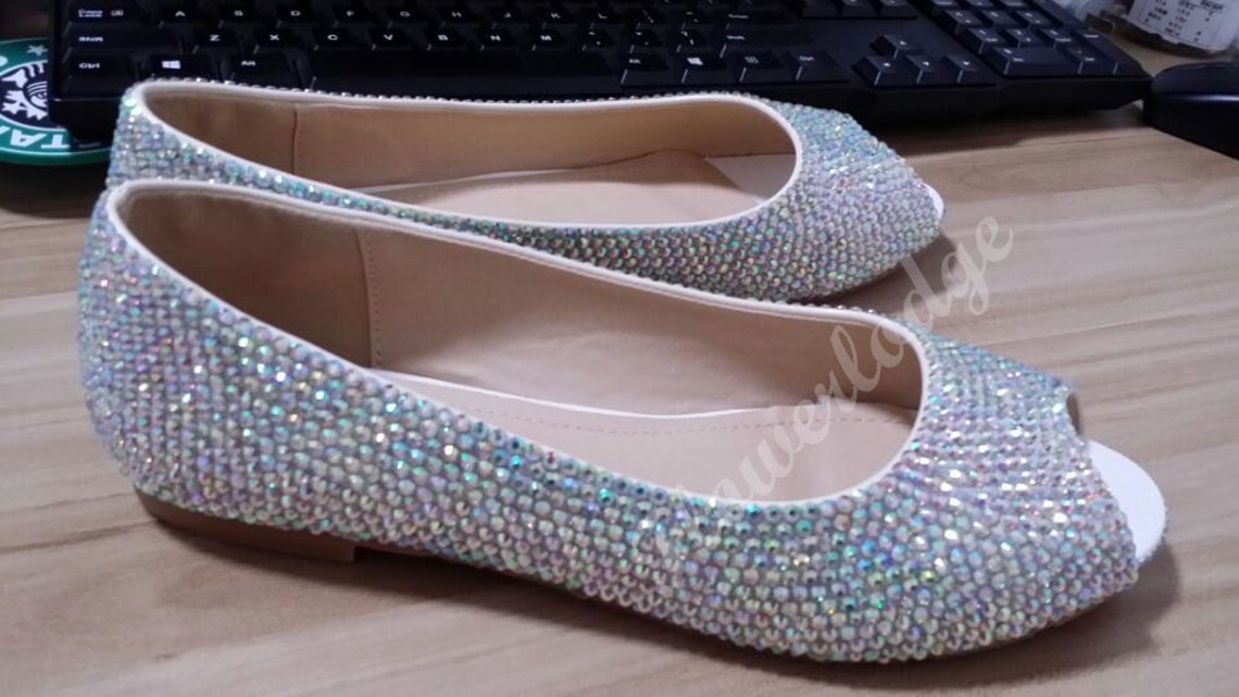 Rhinestone Ballet Flats Women Shoes AB Crystal Stones Sparkle Open Toe ...