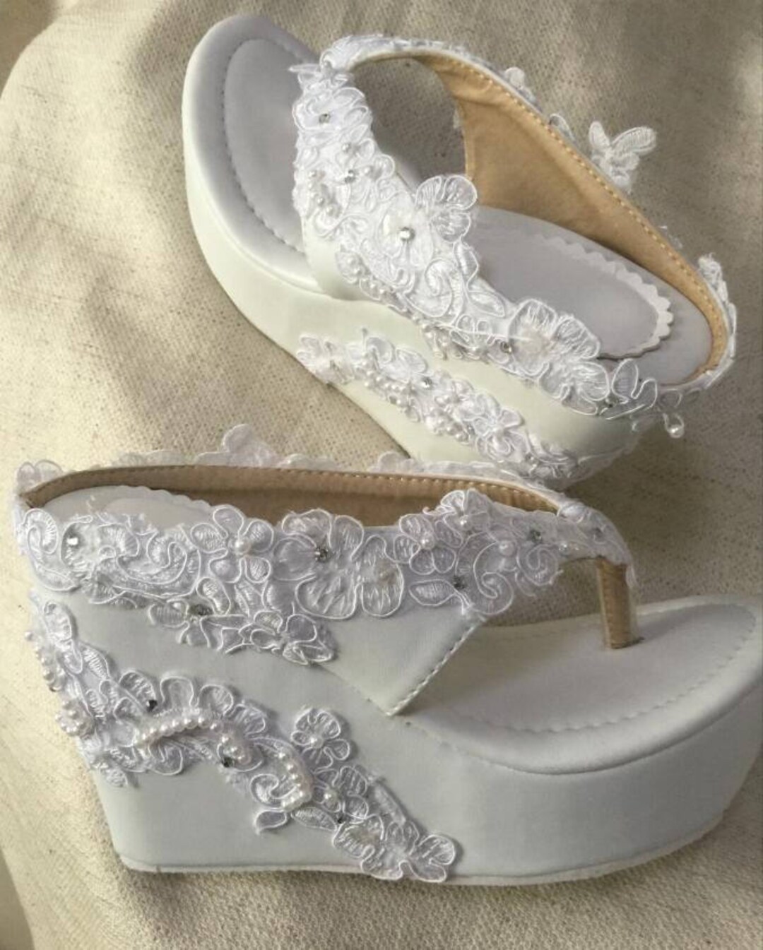 White Lace Flip Flops Rhinestone Pearl Beads Wedge Flip Flops - Etsy