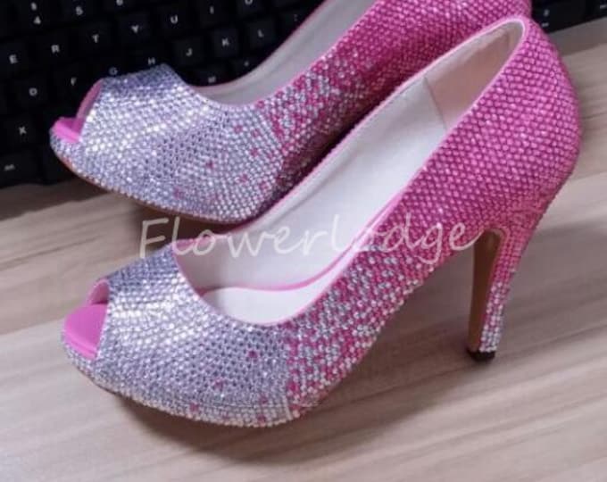 Crystal Women Shoes Hot Pink Sliver Rhinestone Peep Toe Heels - Etsy