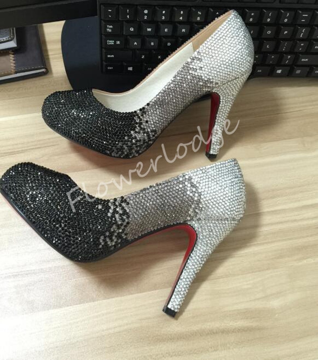 Rhinestone Women Pumps Shoes Closed Toe Heels Black Gray Silver Glitter ...