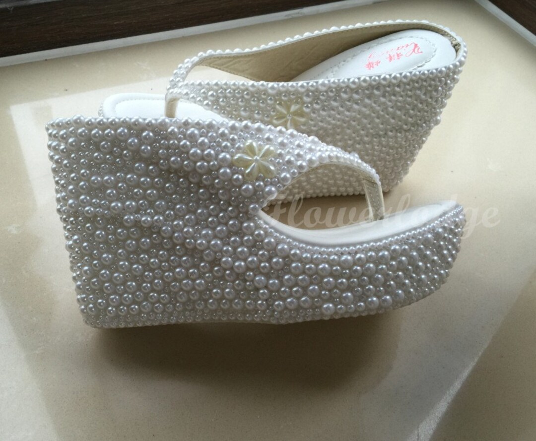 White Flip Flops-4 Inch Wedge Flip Flops-white/ivory Pearl Women ...