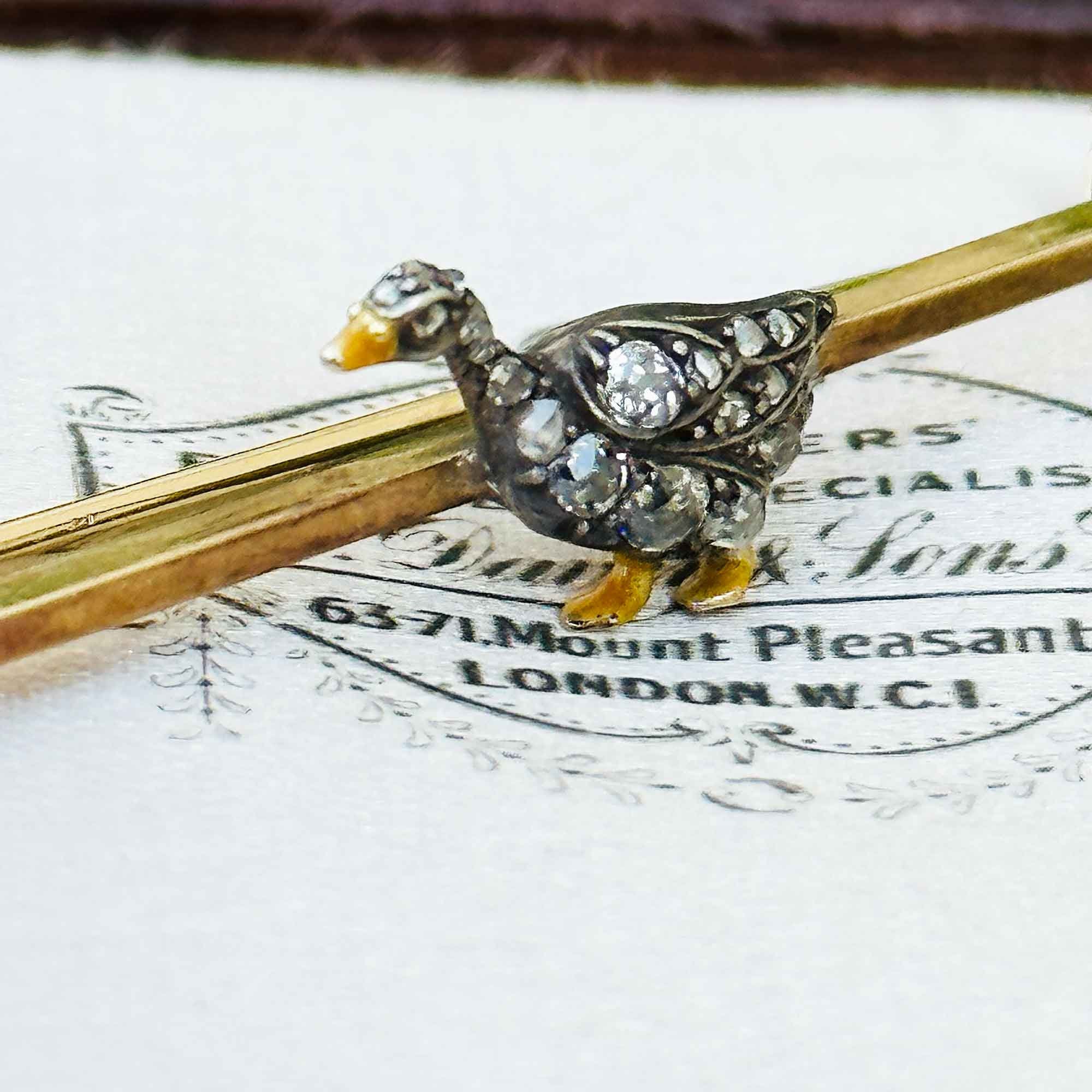 Edwardian Rose Gold, Diamond & Enamel, Goose, Bird Brooch, Tie Pin ...