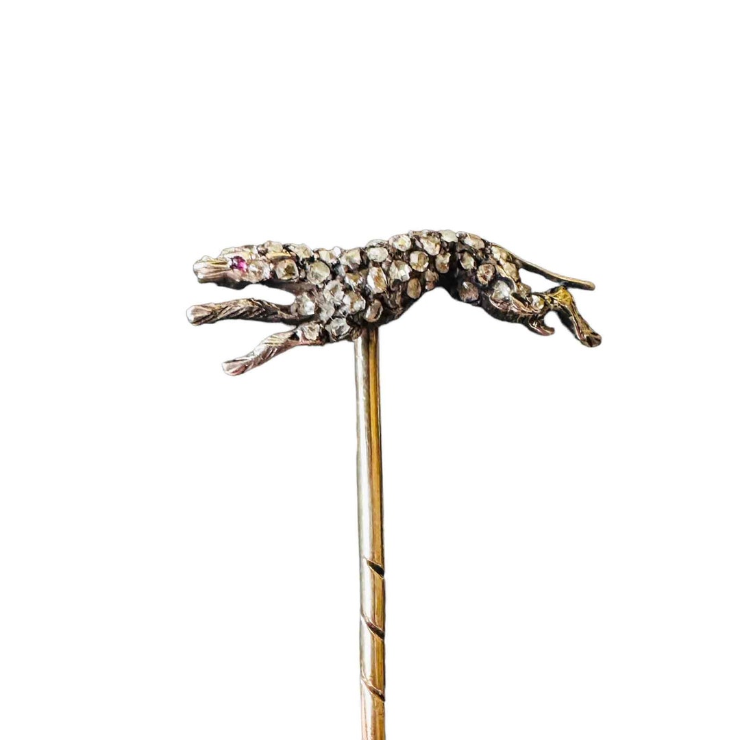 Victorian, 15ct Rose Gold, Diamond & Ruby Running Greyhound Stick, Tie ...