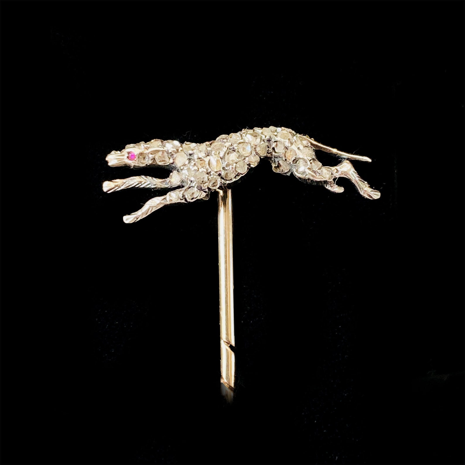 Victorian, 15ct Rose Gold, Diamond & Ruby Running Greyhound Stick, Tie ...