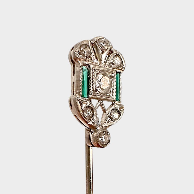 Platinum Art Deco Emerald Diamond Stick Pin, Geometric Antique Jewelry ...