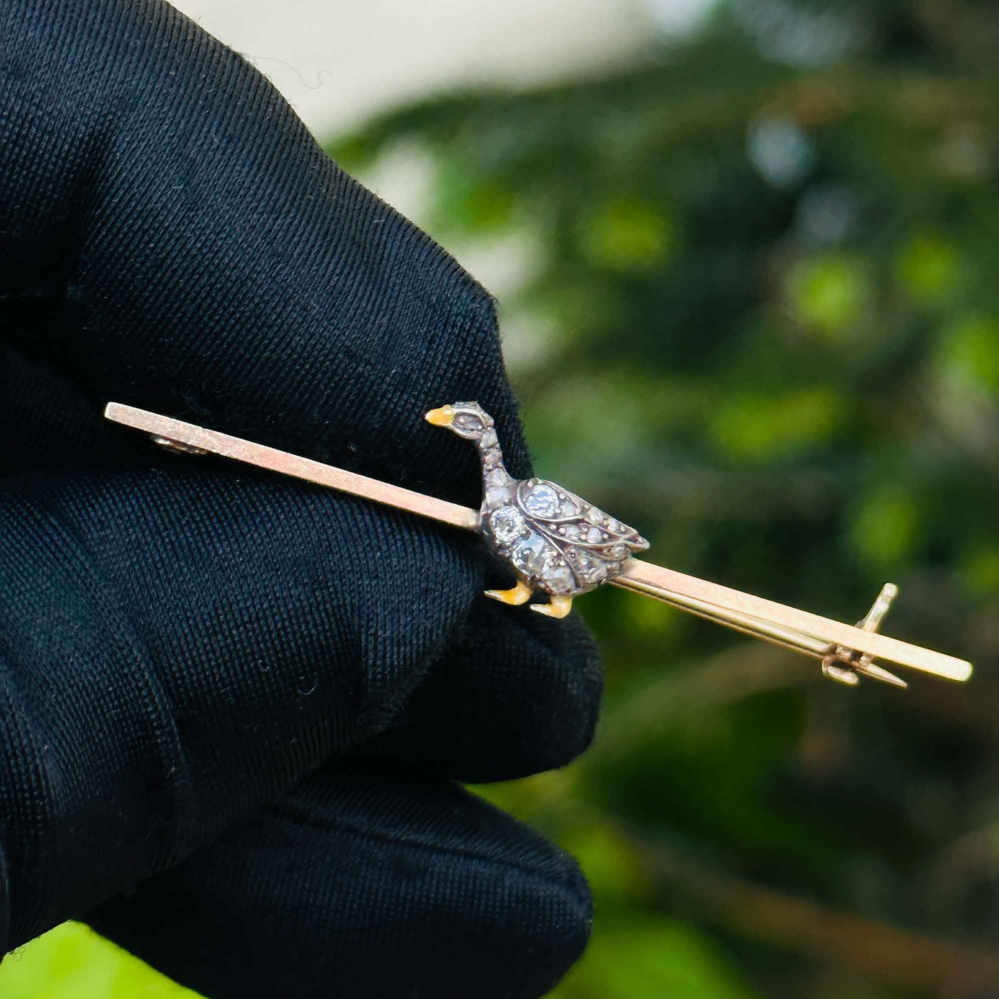 Edwardian Rose Gold, Diamond & Enamel, Goose, Bird Brooch, Tie Pin ...