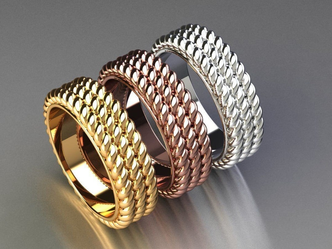 14K Solid Gold 3 Row Rope Ring 6.8mm Wide / 3 Row Braided - Etsy