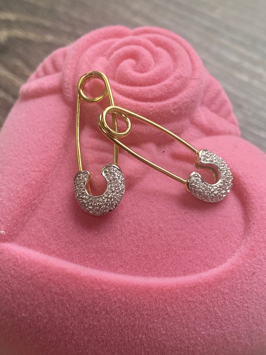 14k Solid Gold Diamond Safety Pin Earrings - Etsy
