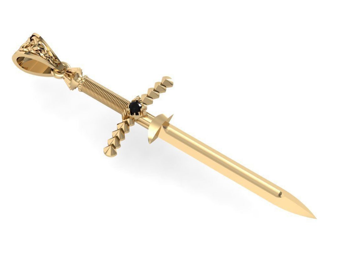 14K Solid Gold Diamond Sword Pendant With Pink Sapphire or Black ...