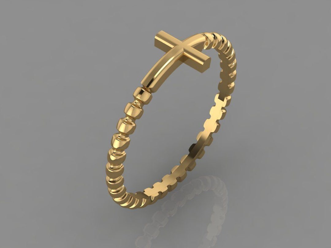 14k Solid Gold Cross Ring With Balls / Gold Cross Ring Dainty Ball Ring ...