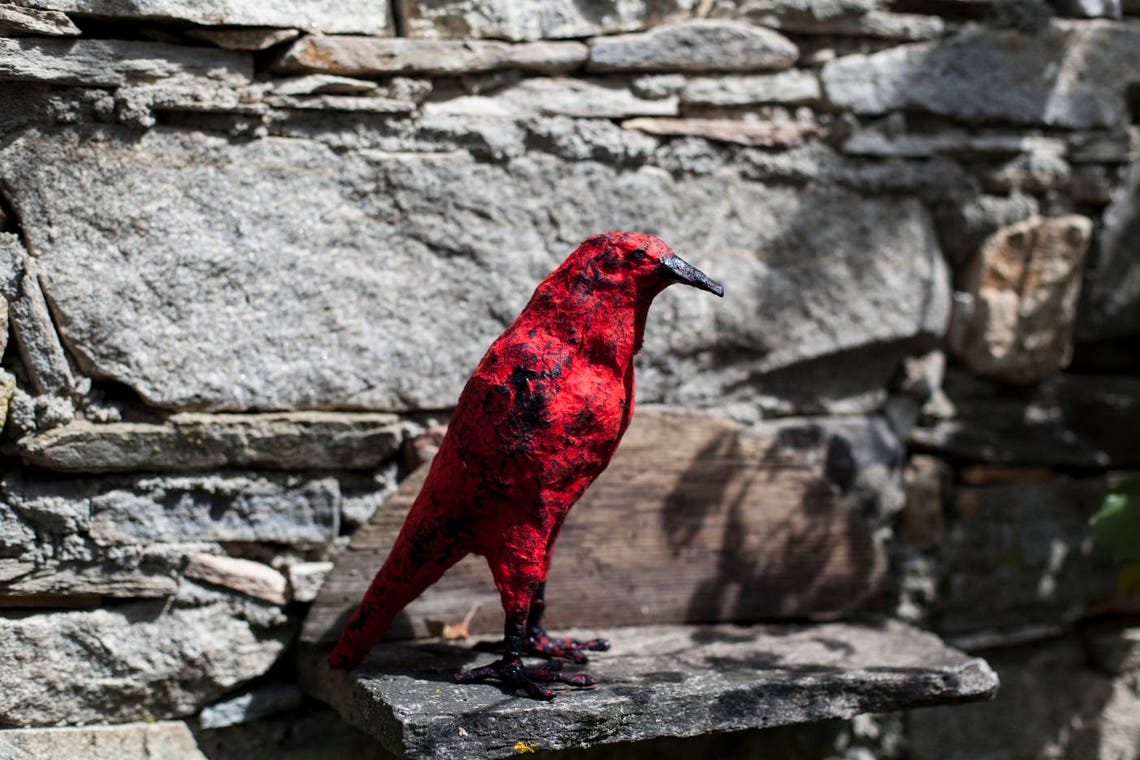 Crow Bird Red Animal Bird Paper Mache Art Red Bird Black | Etsy