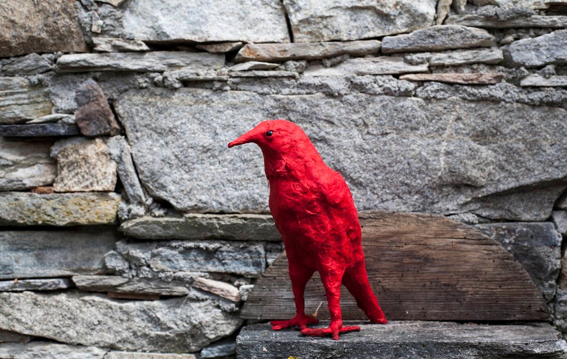 Crow Bird Red Animal Bird Paper Mache Art Red Bird Black | Etsy